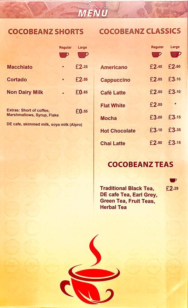 Menu at Coco Beanz cafe, Morden