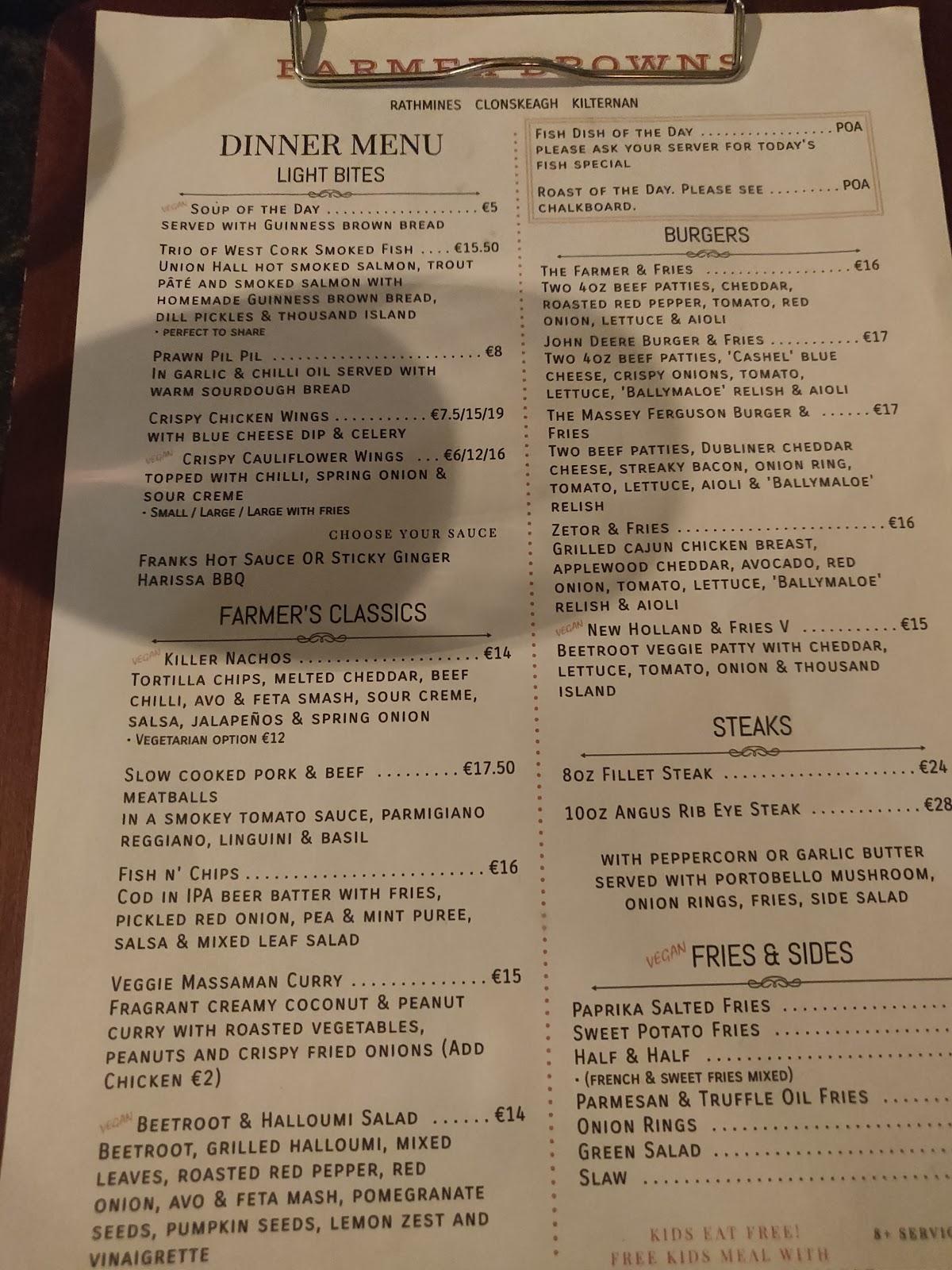Menu at Farmer Browns Clonskeagh pub & bar, Dublin, 68 Clonskeagh Rd