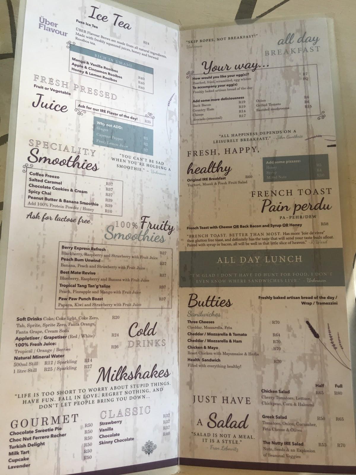 Menu at Ire Lifestyle Centre restaurant, Bela-Bela