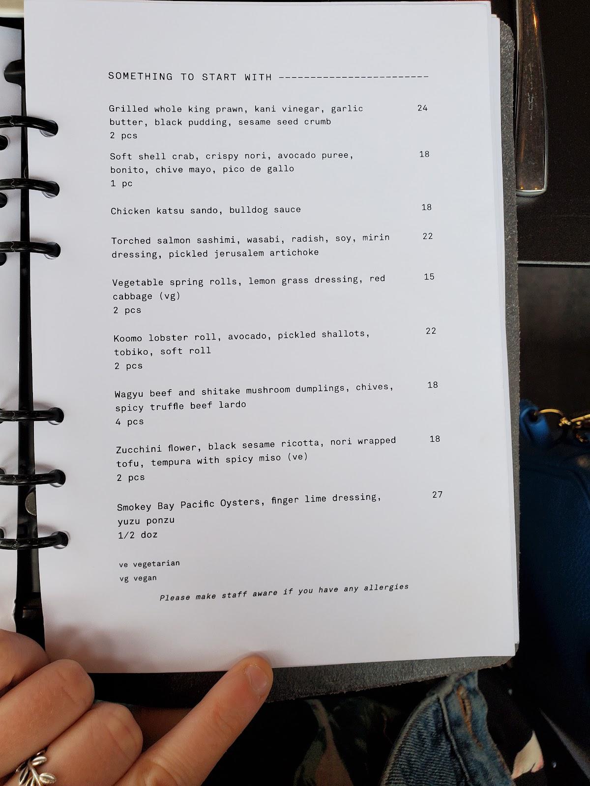 Menu at Koomo Restaurant & Bar, Adelaide