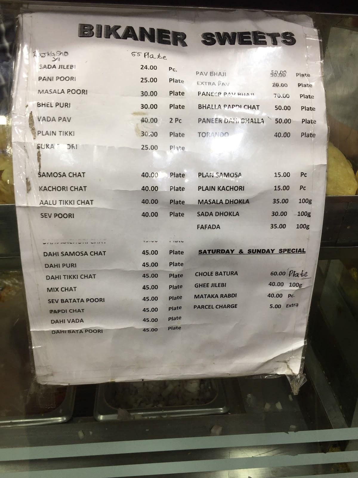 Menu at Maa Bikaner sweets and namkeen, Bengaluru