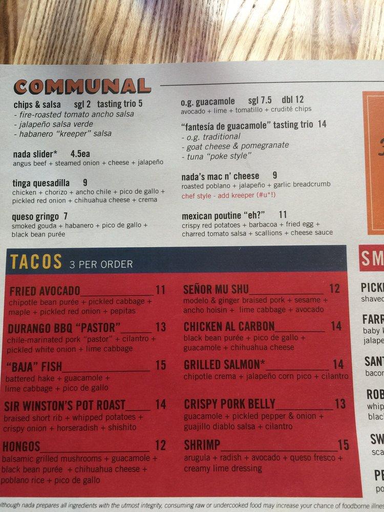Menu at Nada pub & bar, Indianapolis