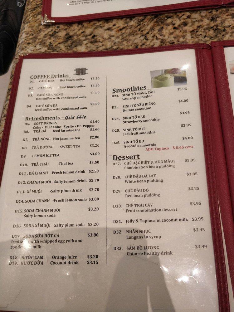 Menu at Pho Dan restaurant, Austin