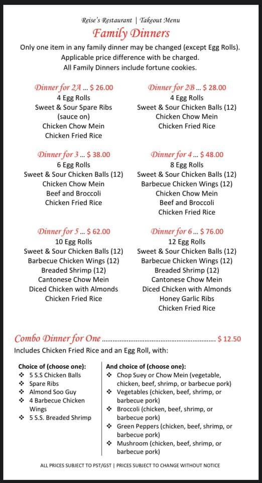 Menu at Reise's Restaurant, Sudbury
