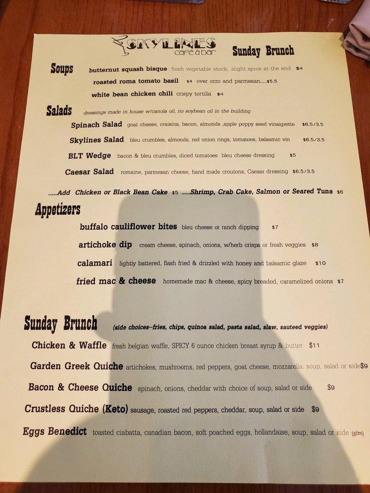 Menu at Skylines Cafe, Clayton