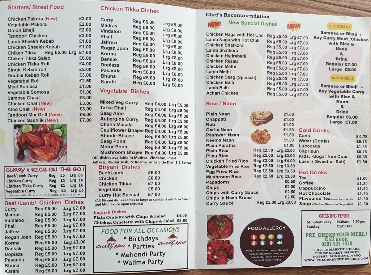 Menu at The Curry Hut fast food, London, 10 Arcade Market