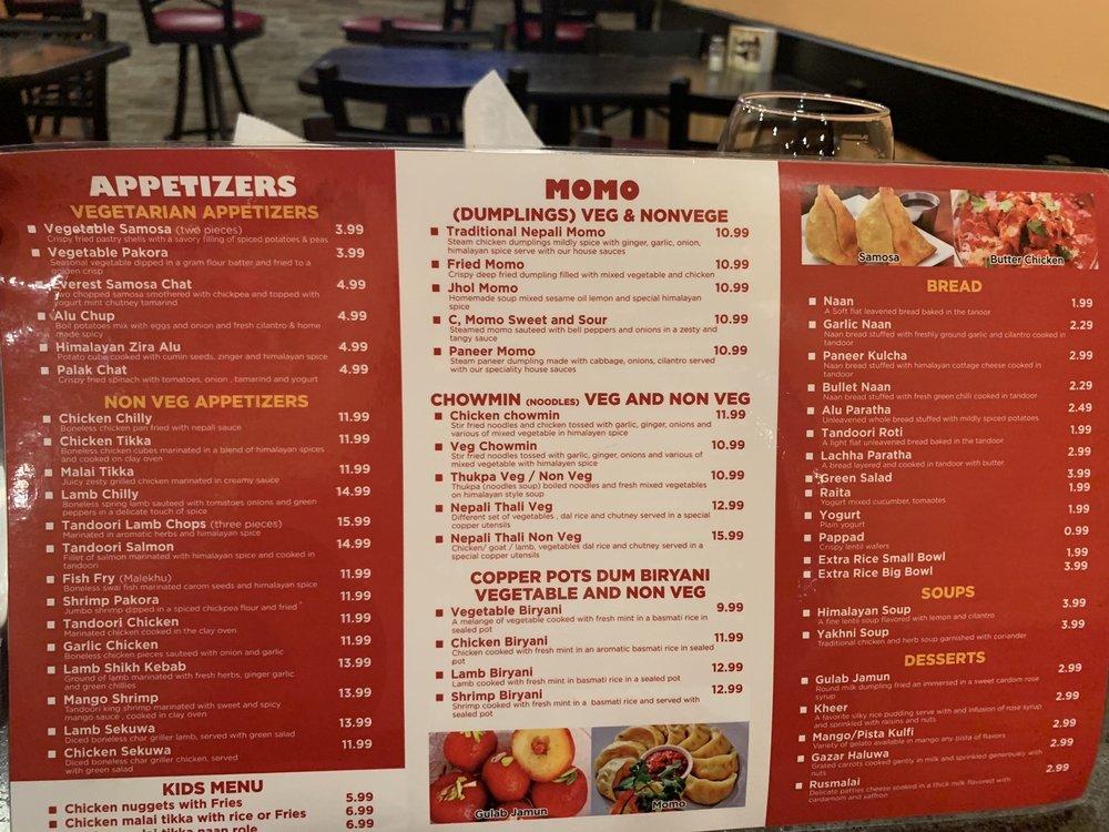 Menu at Yak & Yeti Himalayan Cuisine pub & bar, Evansville