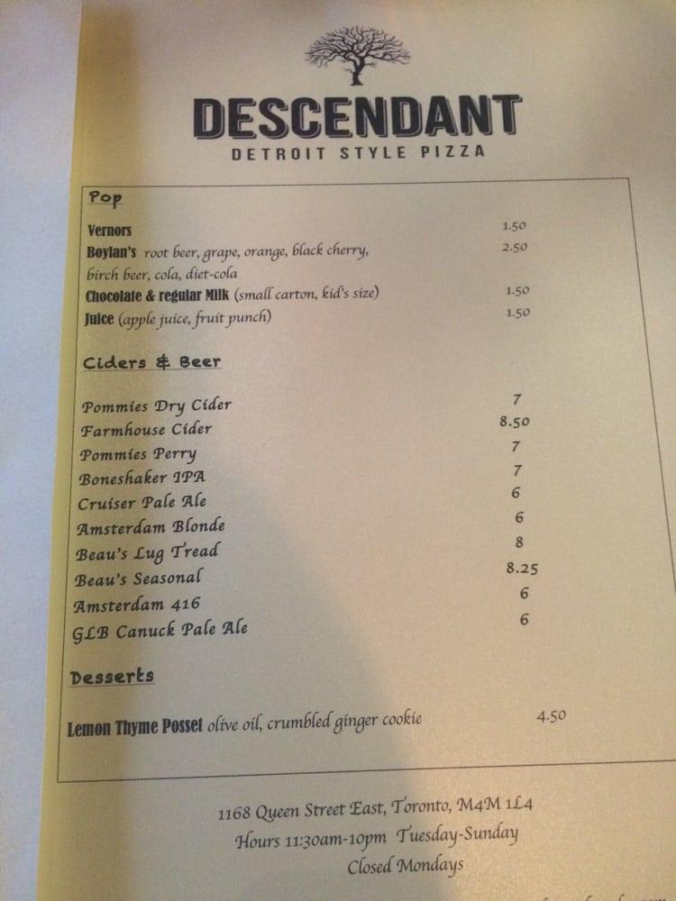Menu at Descendant Detroit Style Pizza pizzeria, Toronto
