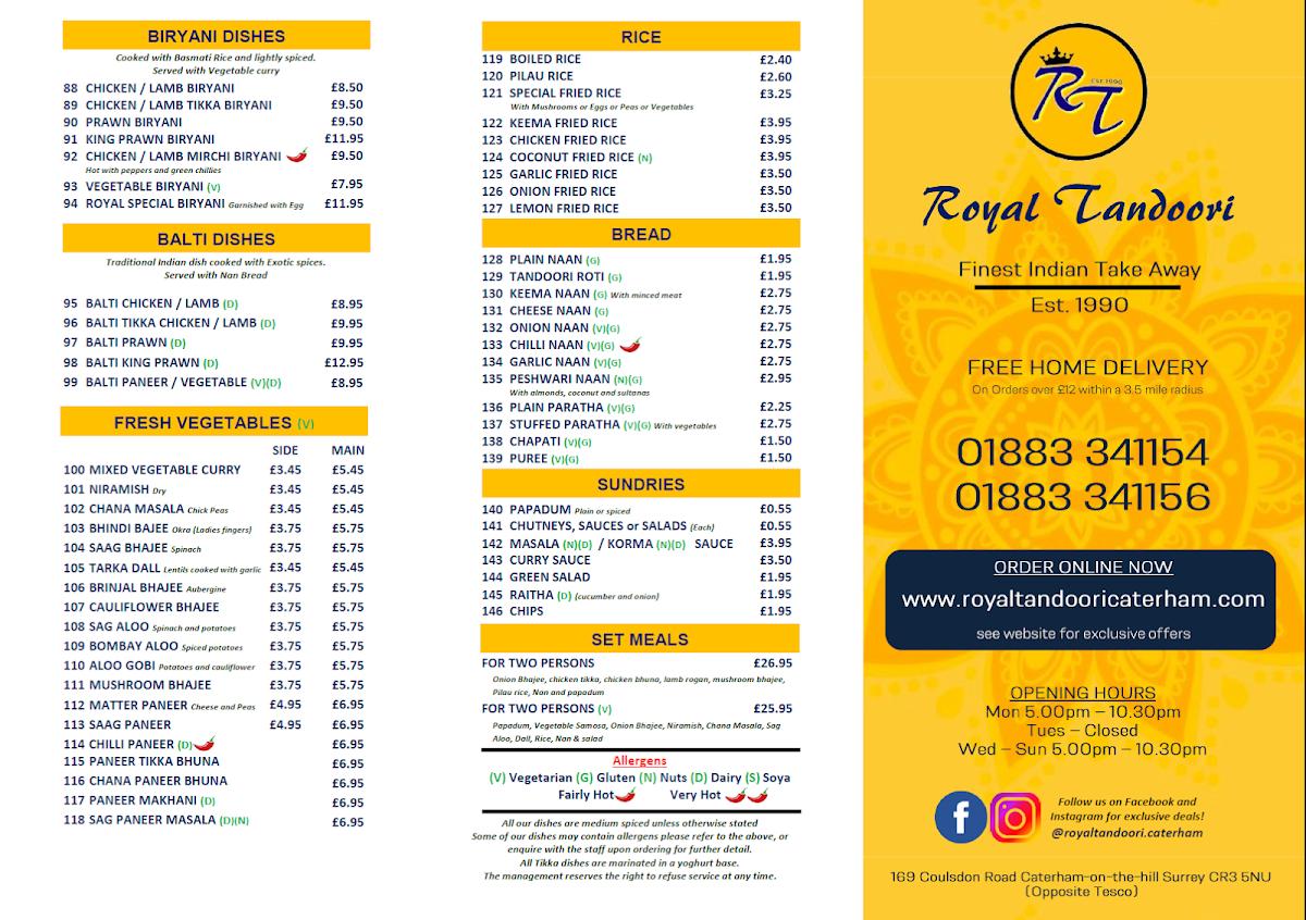 Menu at Royal Tandoori Caterham - Finest Indian Take Away fast food ...