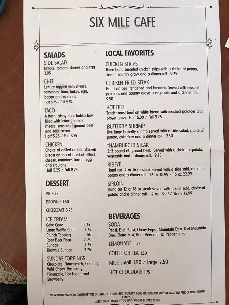 Menu at Six Mile Cafe, USA, US-75