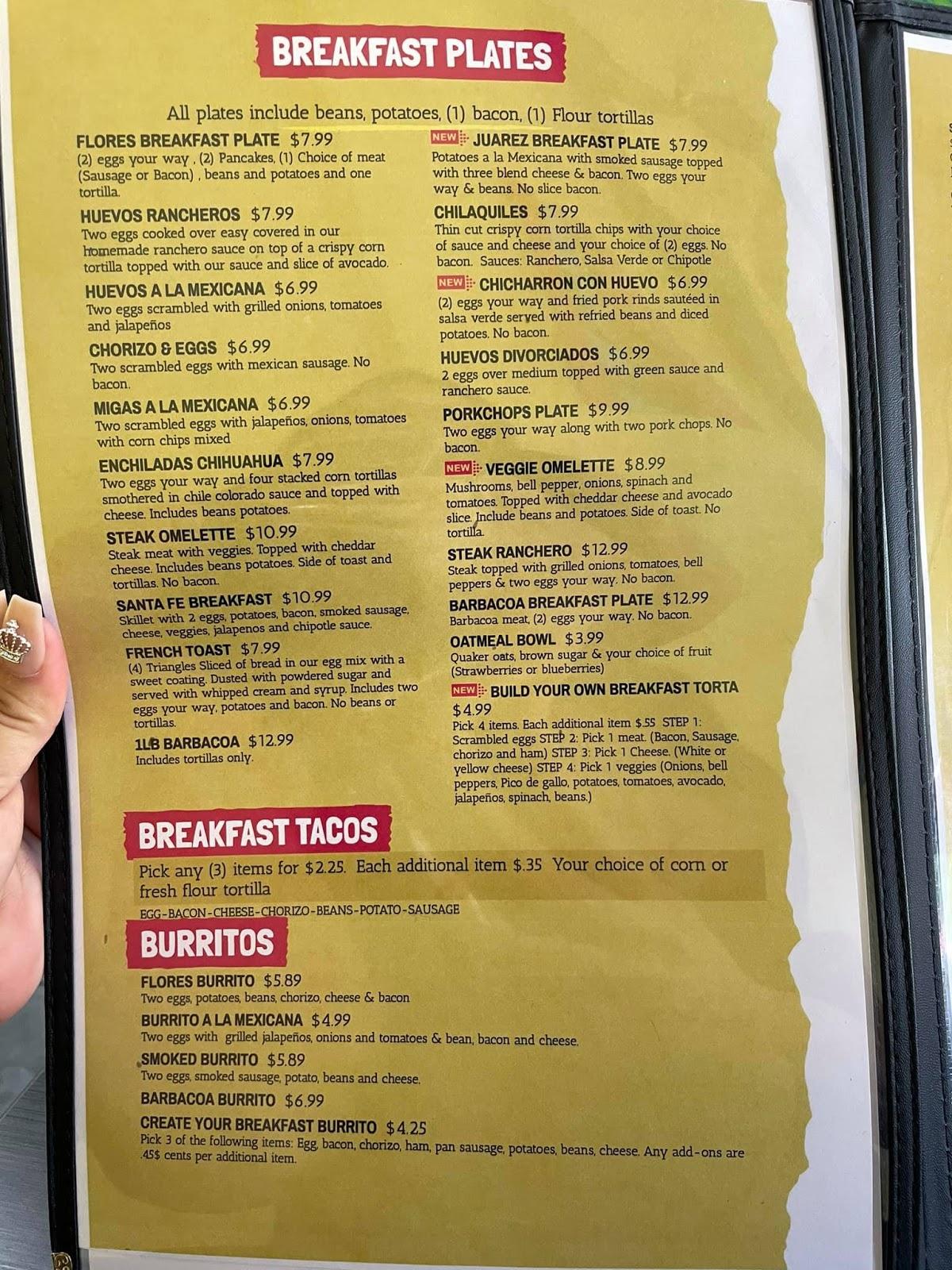 Menu at Taquería Flores restaurant, Santa Fe