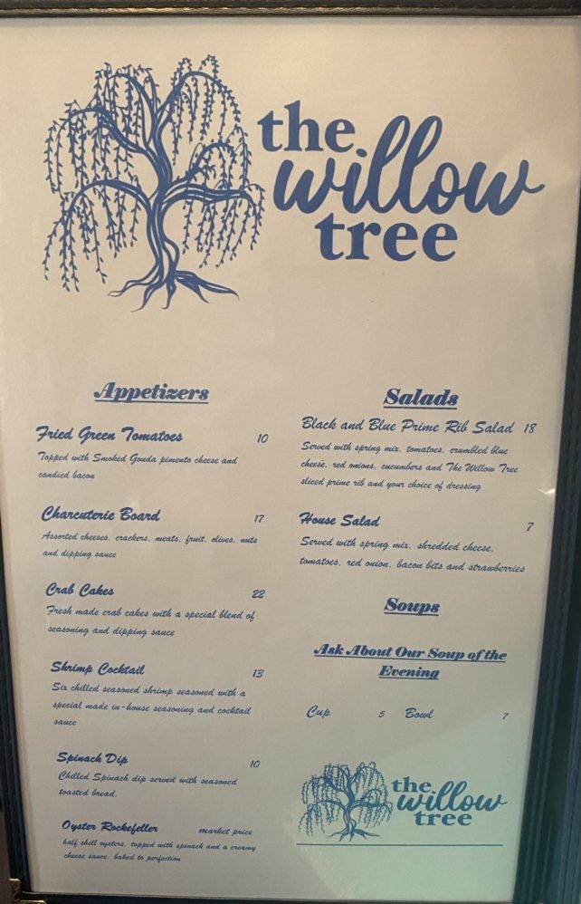 Menu at The Willow Tree steakhouse, Obion