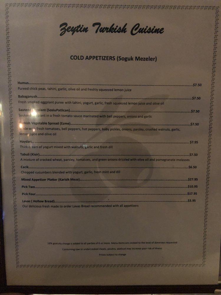 Menu at Zeytin Turkish Cuisine restaurant, Orlando