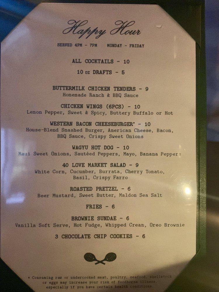 Menu at 40 Love pub & bar, Los Angeles