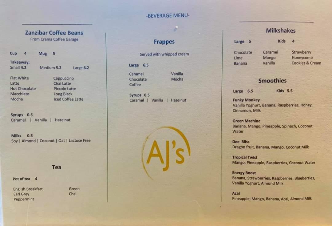Menu at AJ's Cafe, North Rothbury