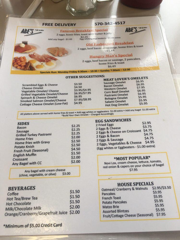Menu at Abe's Delicatessen restaurant, Scranton