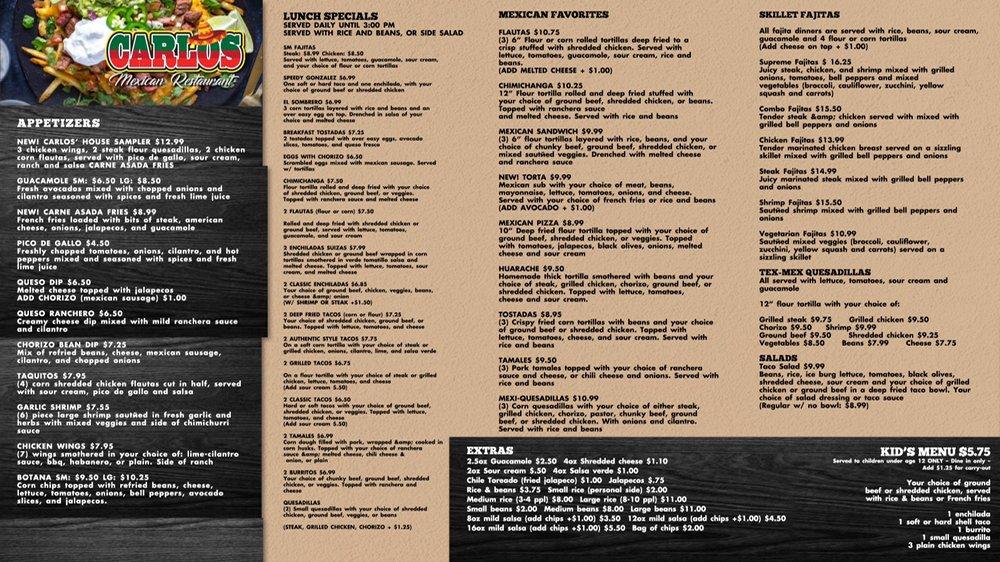Menu at Carlos' Mexican Restaurant, Westland