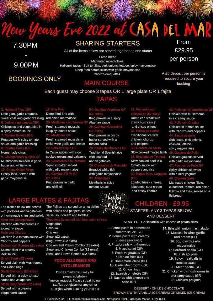 Menu at Casa del Mar restaurant, Hartlepool