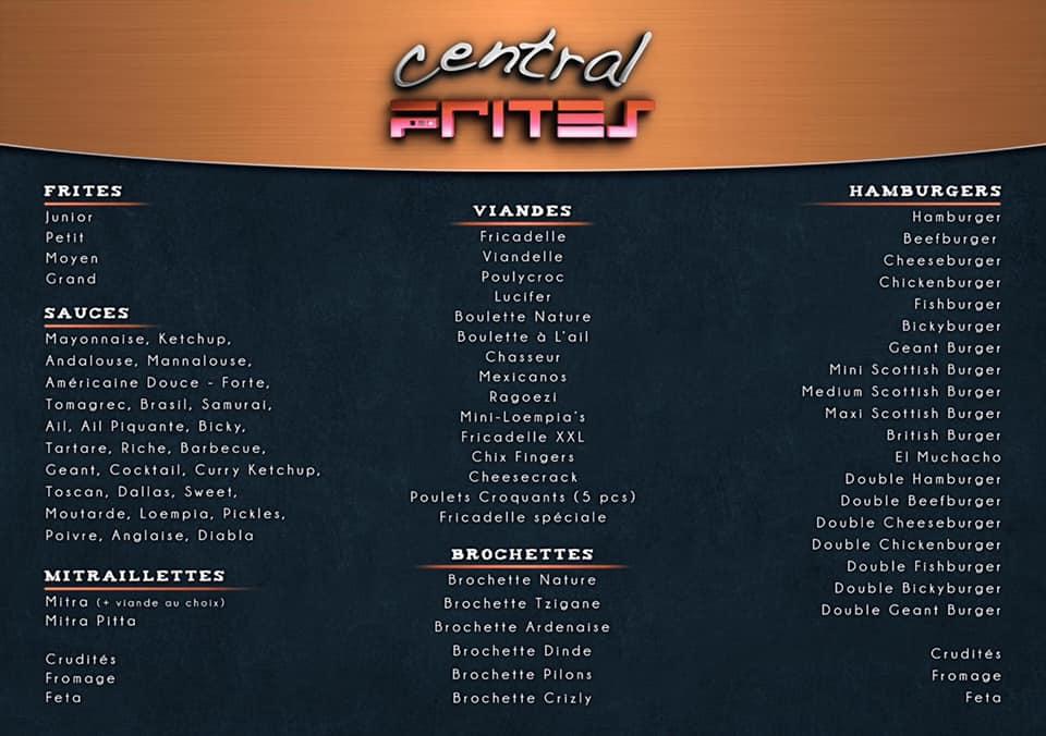 Menu at Central Frites, Ham-sur-Heure-Nalinnes