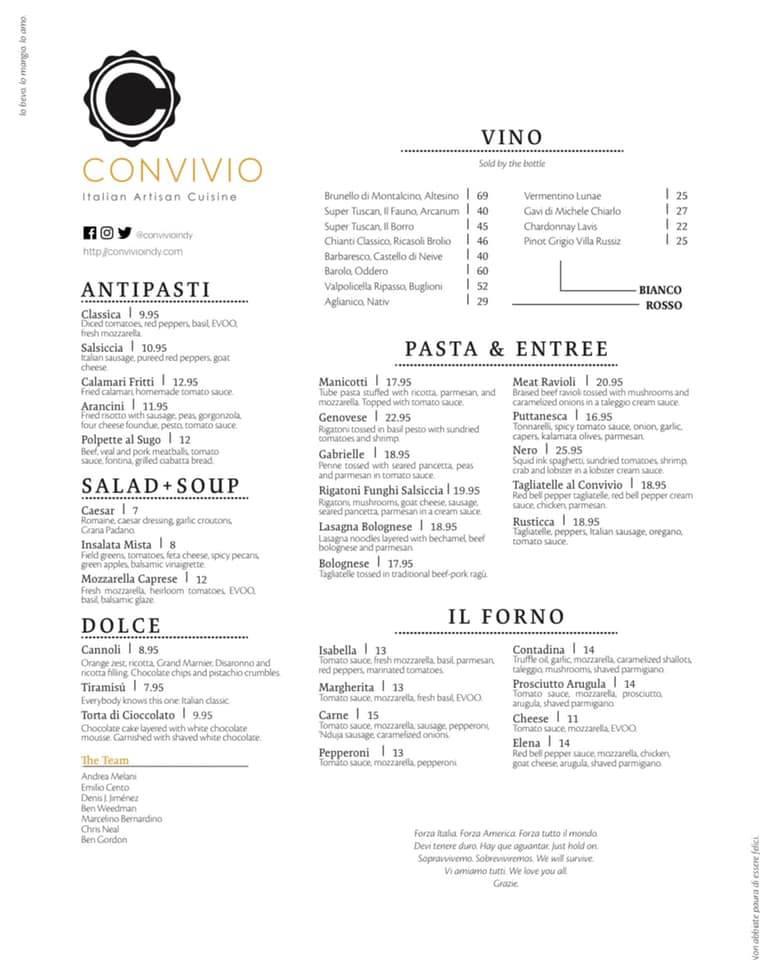 Menu at Convivio Italian Artisan Cuisine - Zionsville restaurant ...