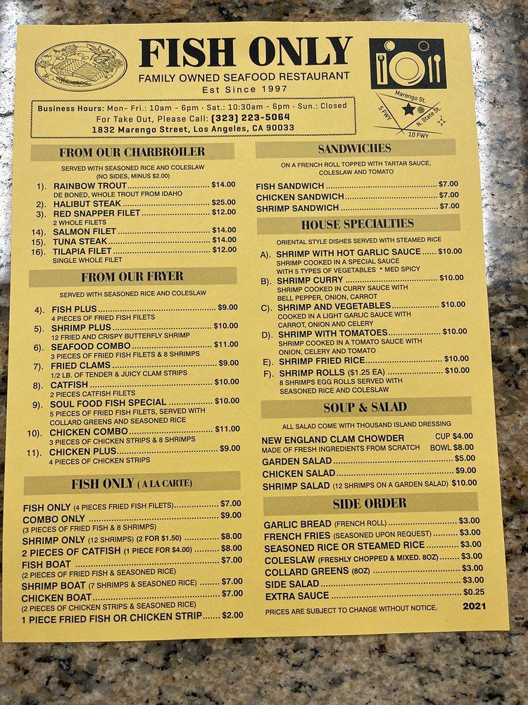 Menu at Fish Only restaurant, Los Angeles, Marengo St