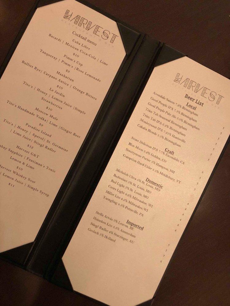 Menu at The Harvest restaurant, Birmingham