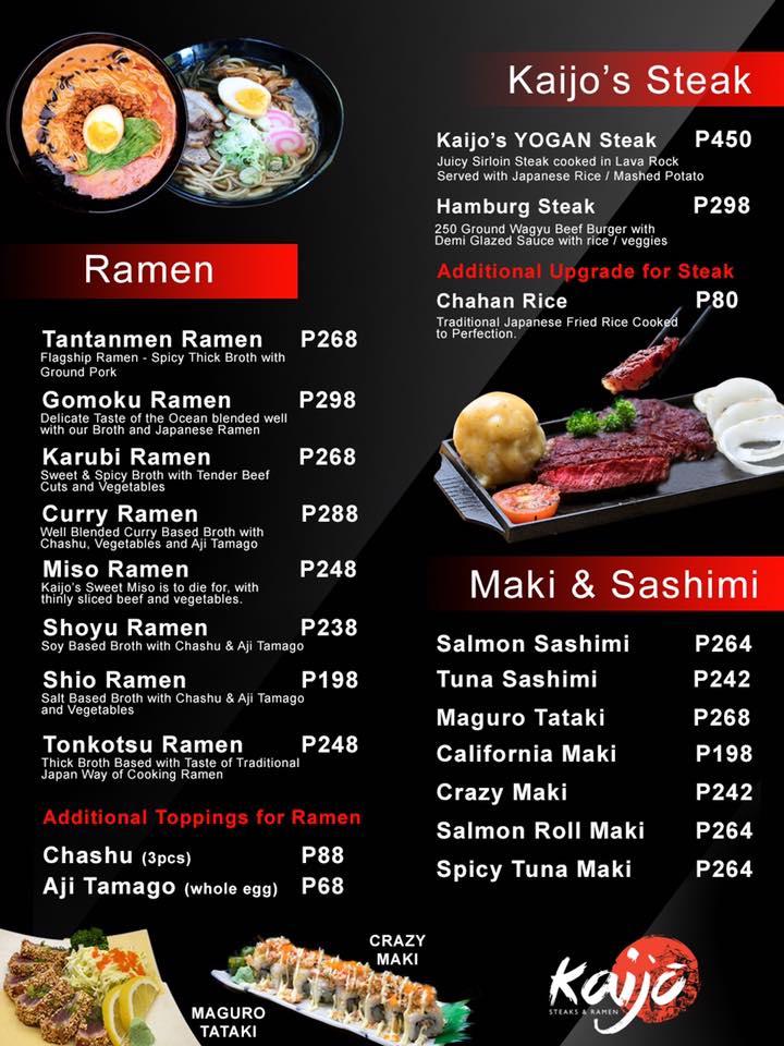 Menu at KAIJO Steaks & Ramen restaurant, Las Pinas