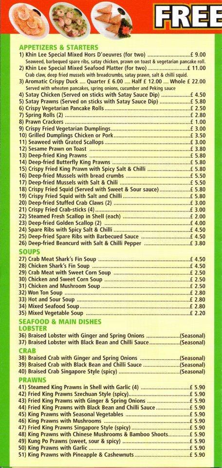 Menu at Khin Lee London restaurant, London, 387 Green Lanes
