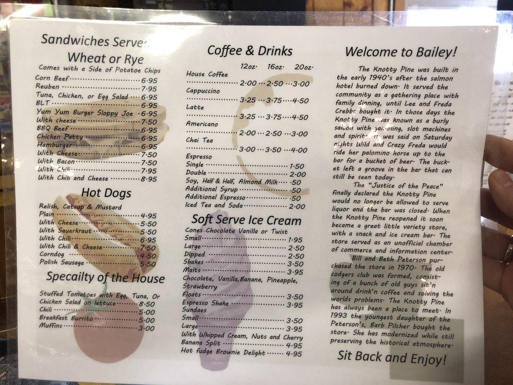 Menu at Knotty Pine cafe, Bailey, US Hwy 285