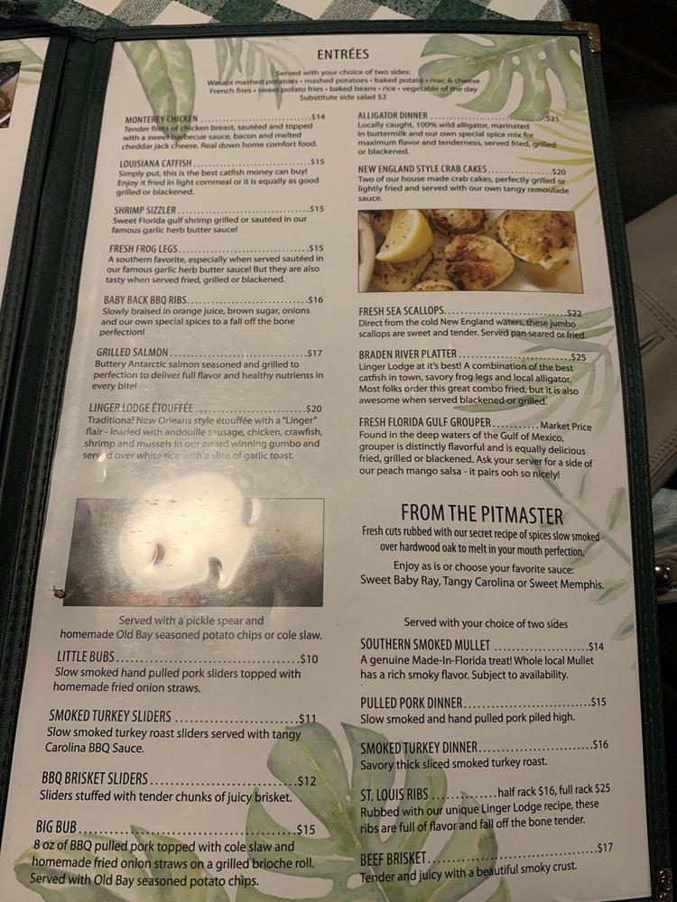 Menu at Linger Lodge Restaurant & Bar, Bradenton