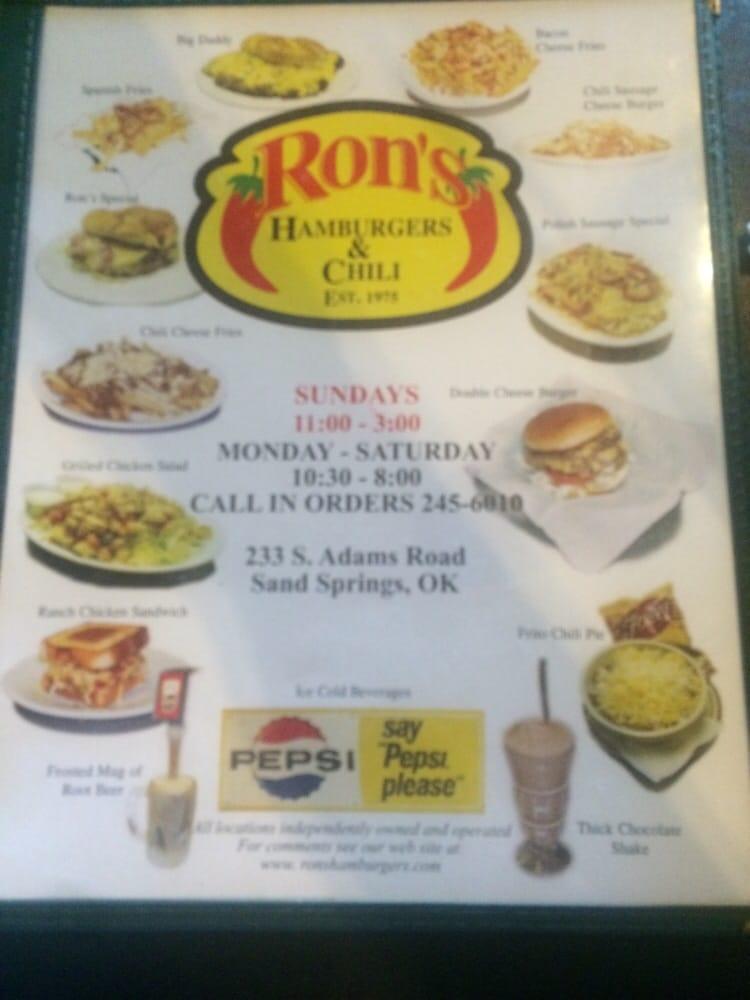 Menu at Ron's Hamburgers & Chili restaurant, Sand Springs, 233 S Adams Rd
