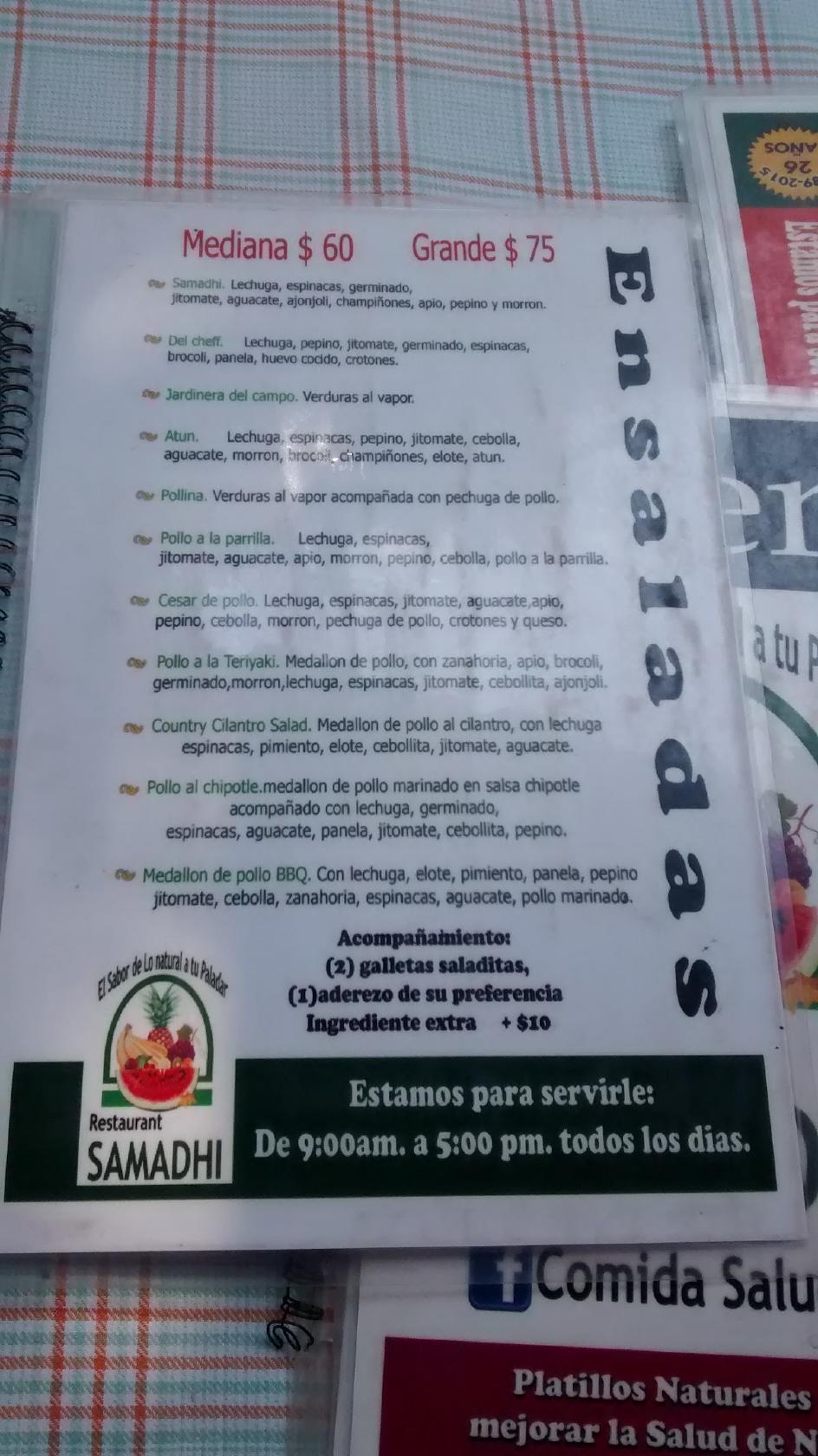 Carta de Samadhi Restaurant, Colima