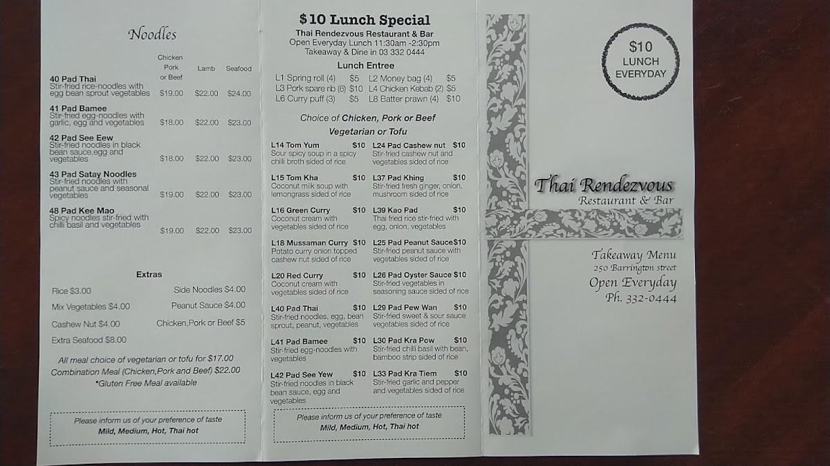 Menu at Thai Rendezvous restaurant, Christchurch