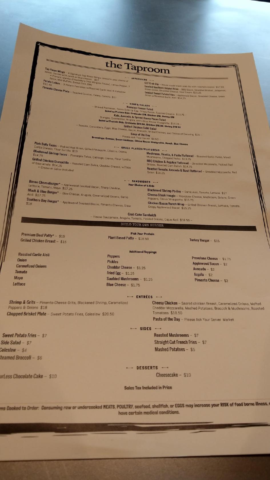 Menu at the Taproom pub & bar, Charlotte