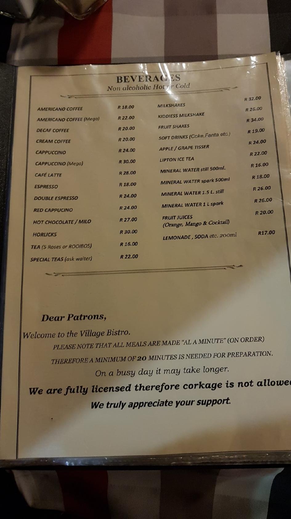 Menu at Village Bistro restaurant, Pretoria, 5 Morgenster Building ...