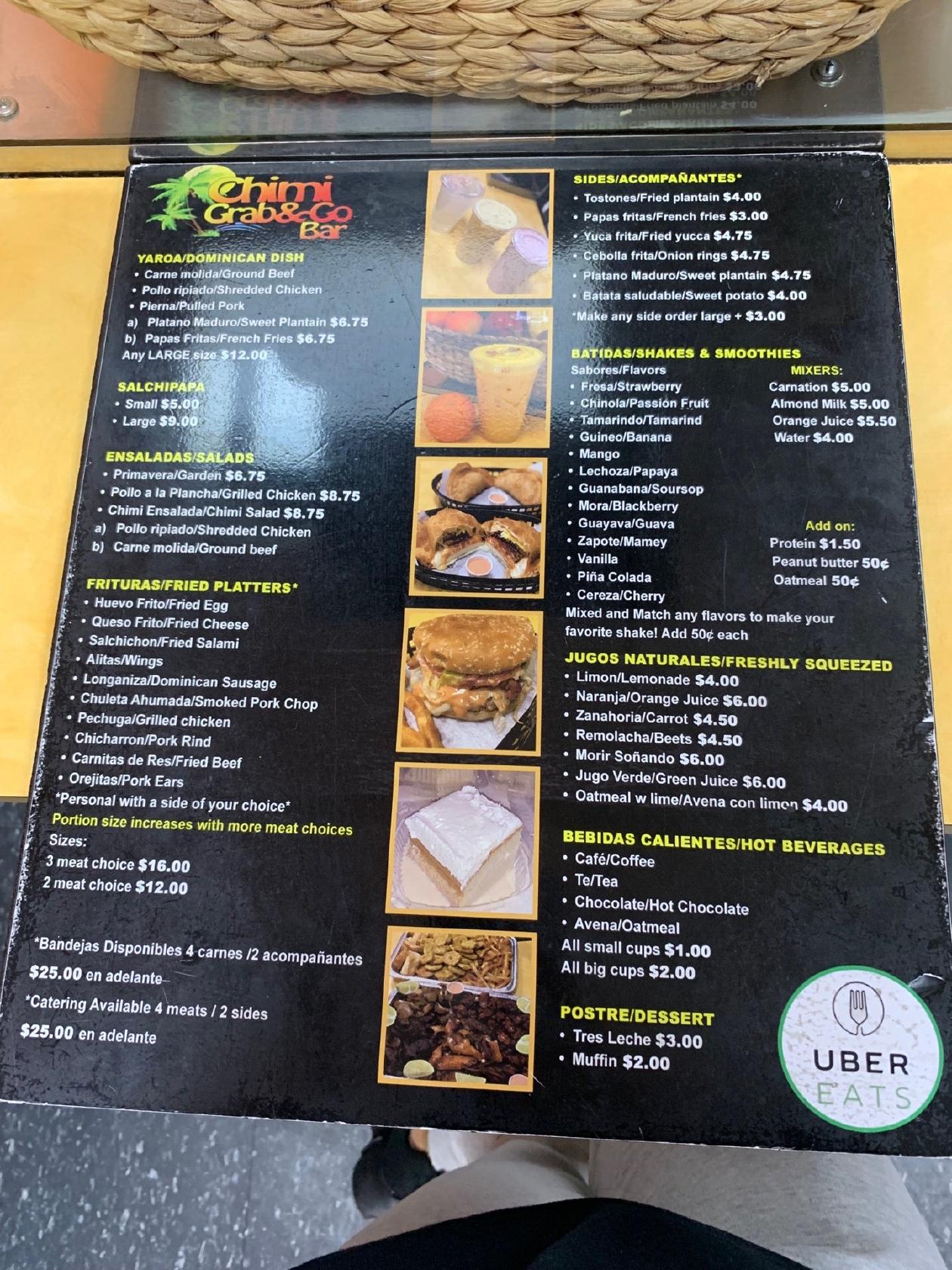 Menu at Chimi Grab and Go Bar, Passaic