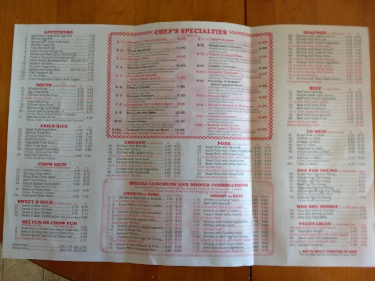 Menu at China Moon restaurant, Cleona