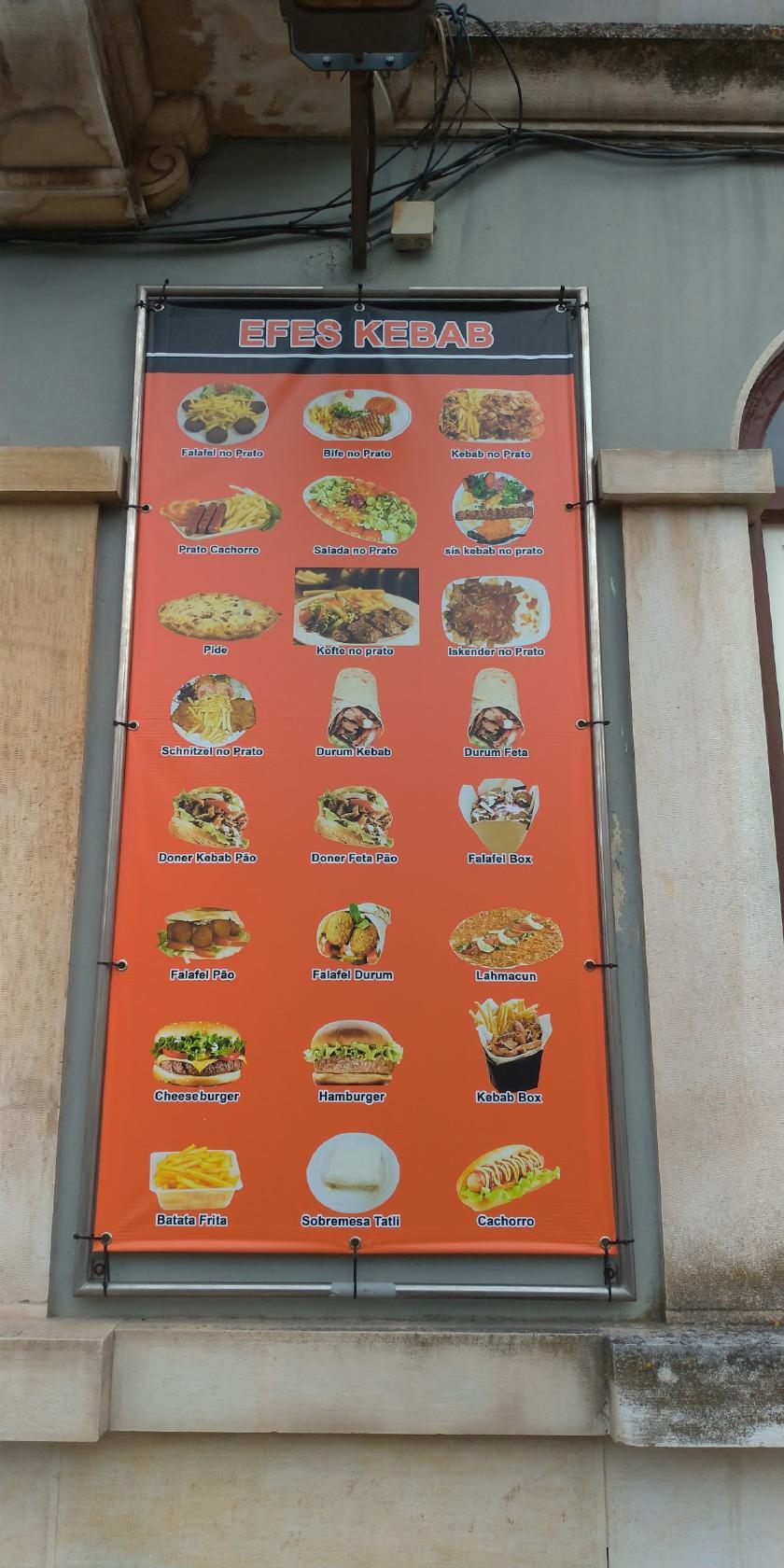 Menu at Efes Kebab restaurant, Coimbra