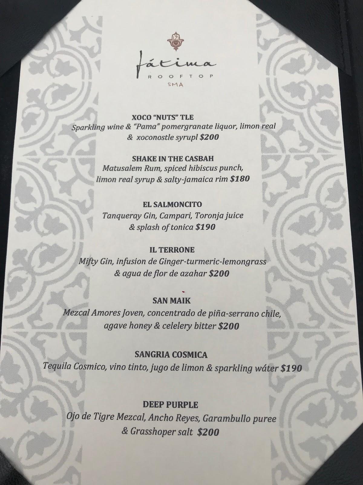 Menu at Fátima 7 Rooftop restaurant, San Miguel de Allende