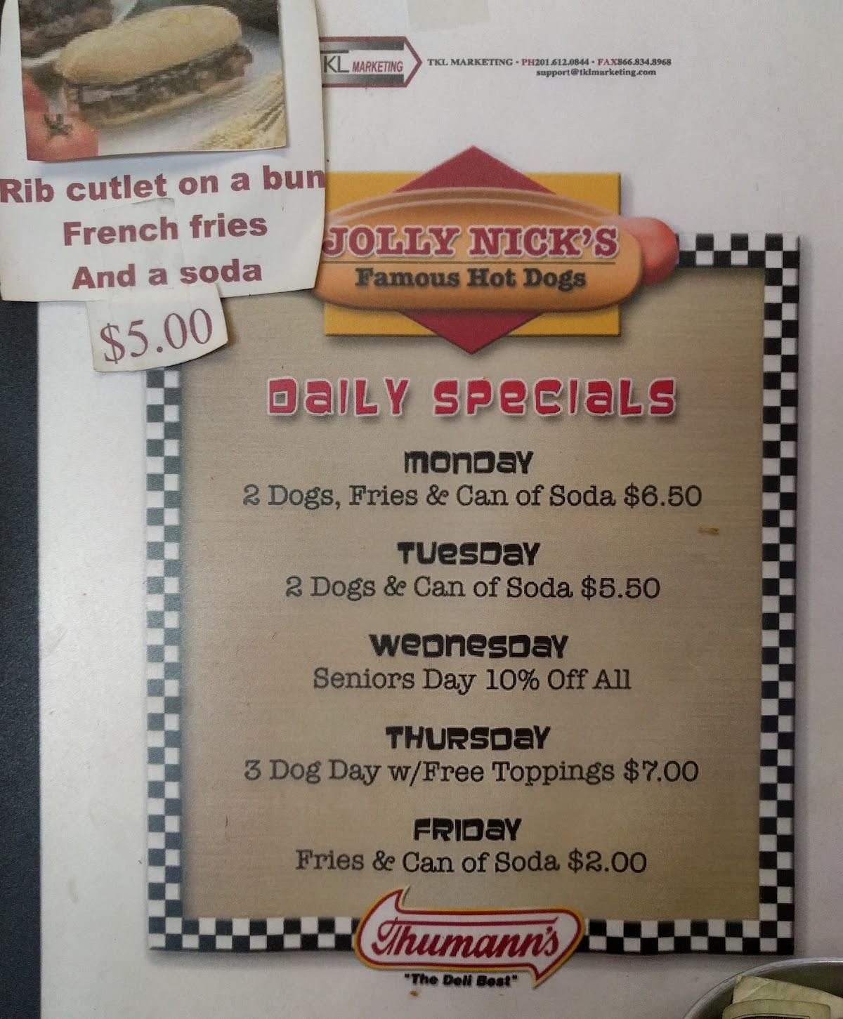 Menu at Jolly Nick's restaurant, Dumont