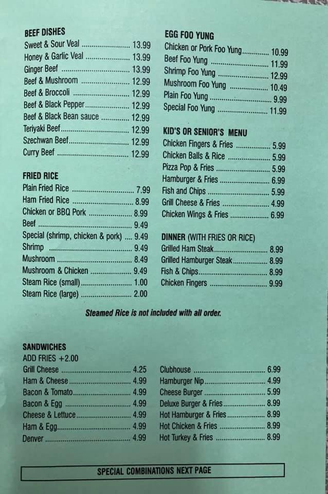 Menu at Lee's Restaurant, Rivers