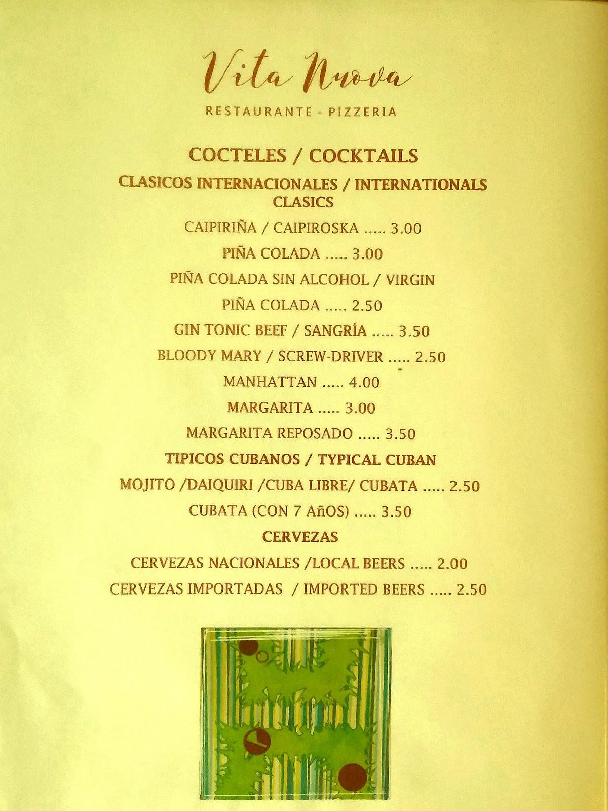 Menu at Vita Nuova restaurant, Havana
