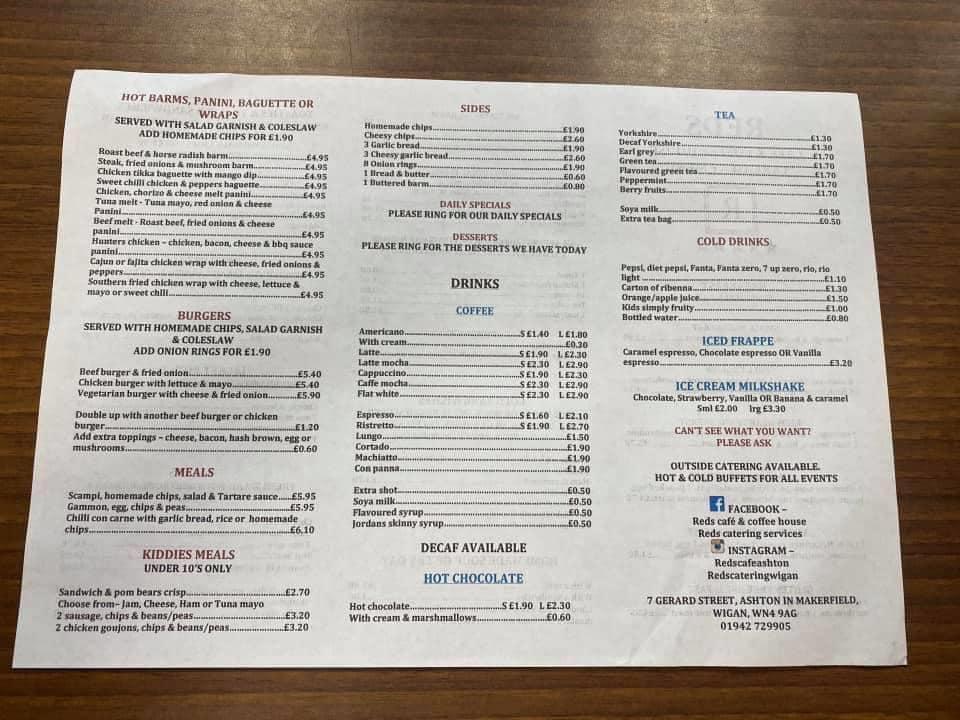 Menu at Cwtch Cafe, Wigan