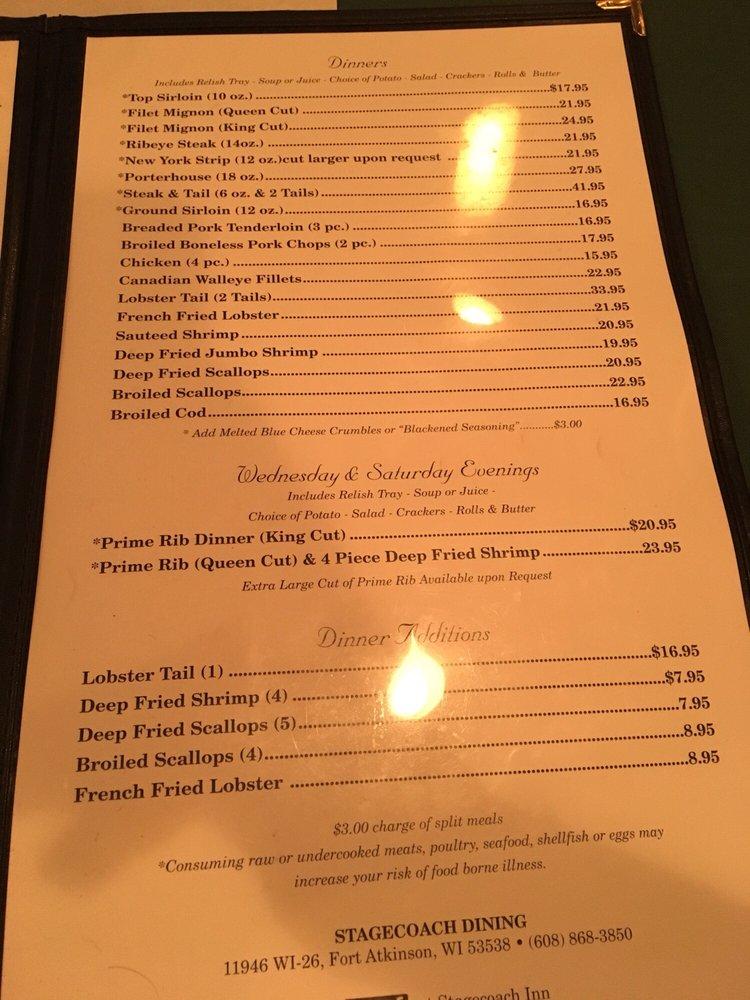 Menu at Stagecoach Inn steakhouse, Lake Koshkonong, County Line Rd