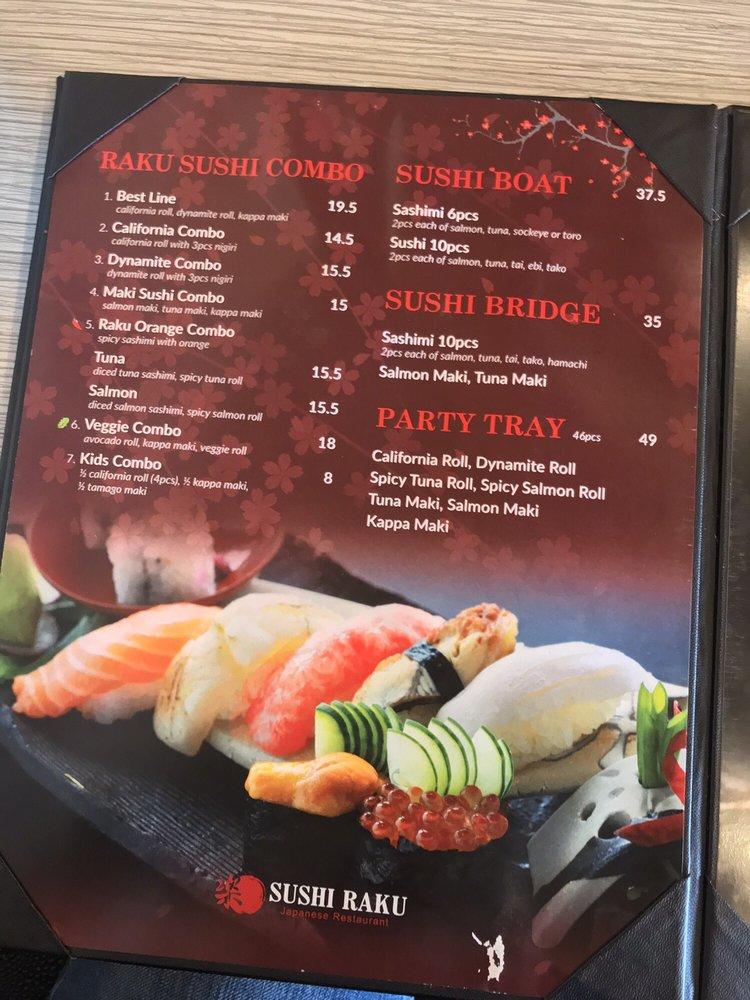 Menu at Sushi Raku restaurant, Saskatoon