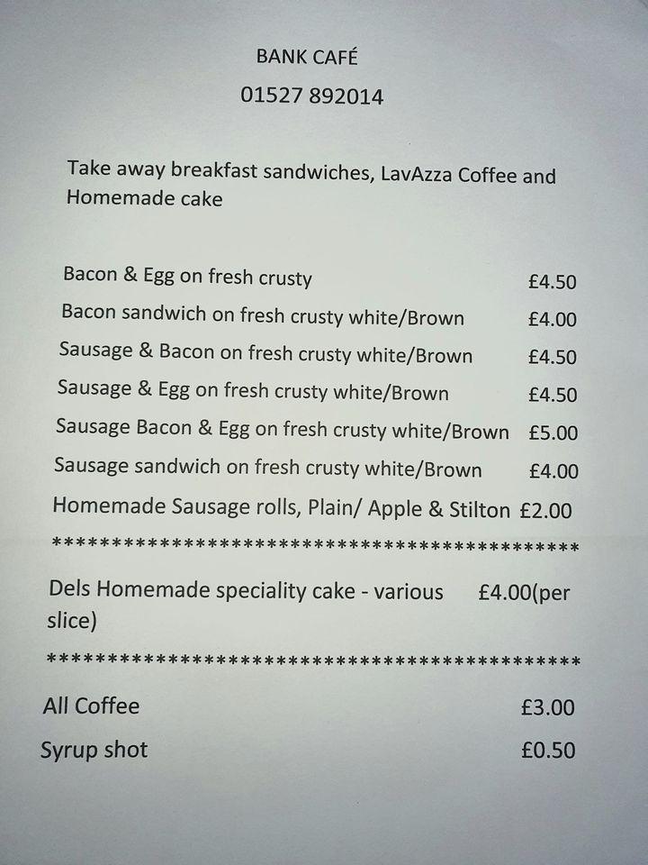 Menu at Bank Cafe & Bar, Astwood Bank