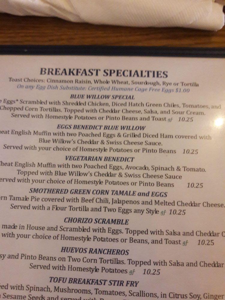 Menu at Blue Willow Restaurant & Gift Shop, Tucson, N Campbell Ave