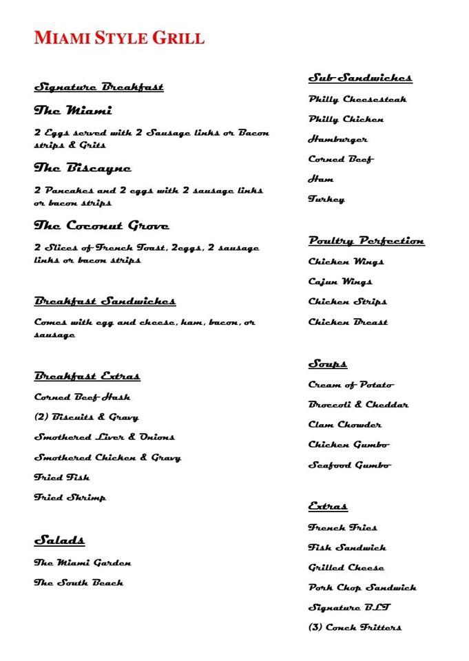 Menu at Miami Style Grill restaurant, Winter Haven