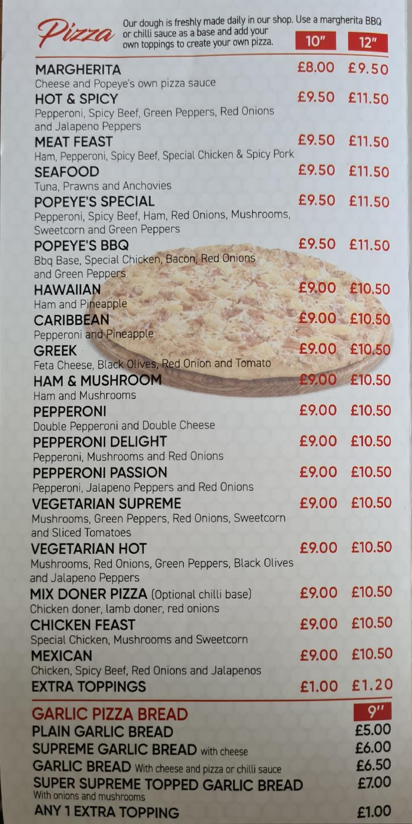 Menu at Popeye's fast food, Salisbury