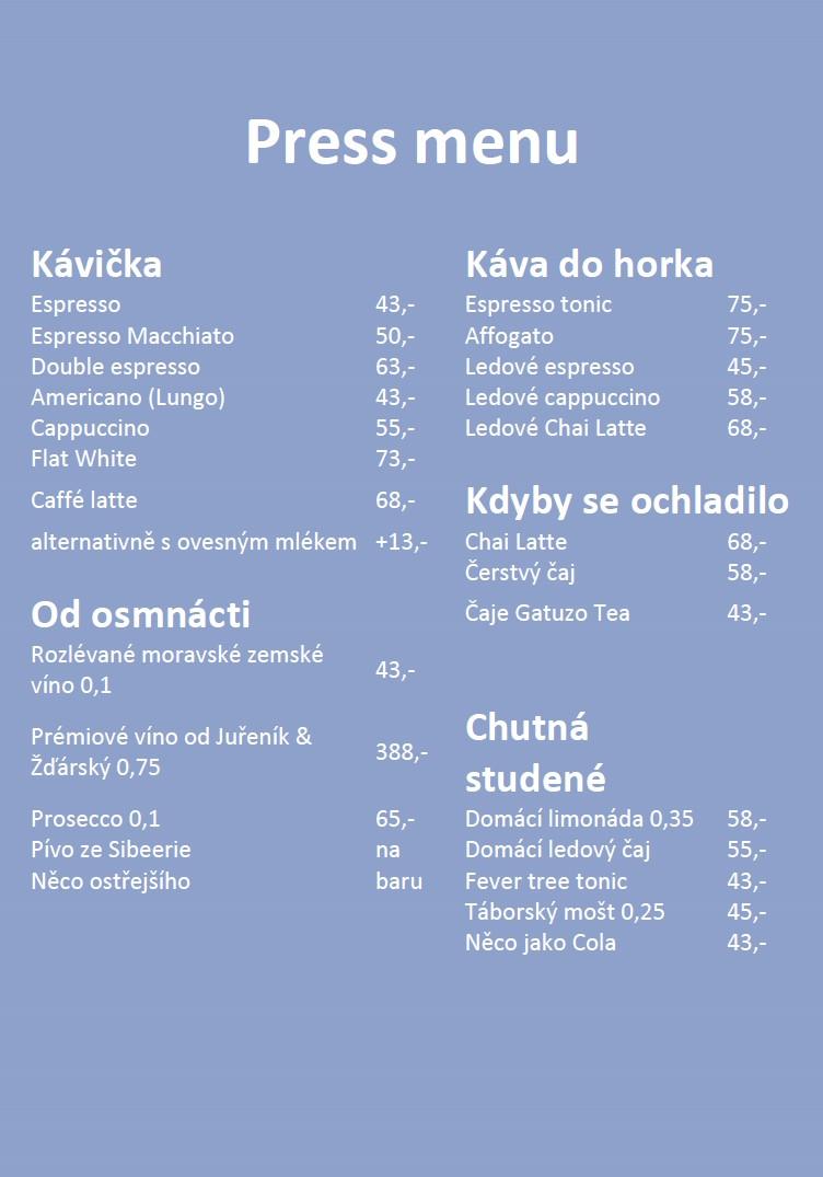 Menu at Press Cafe, Prague
